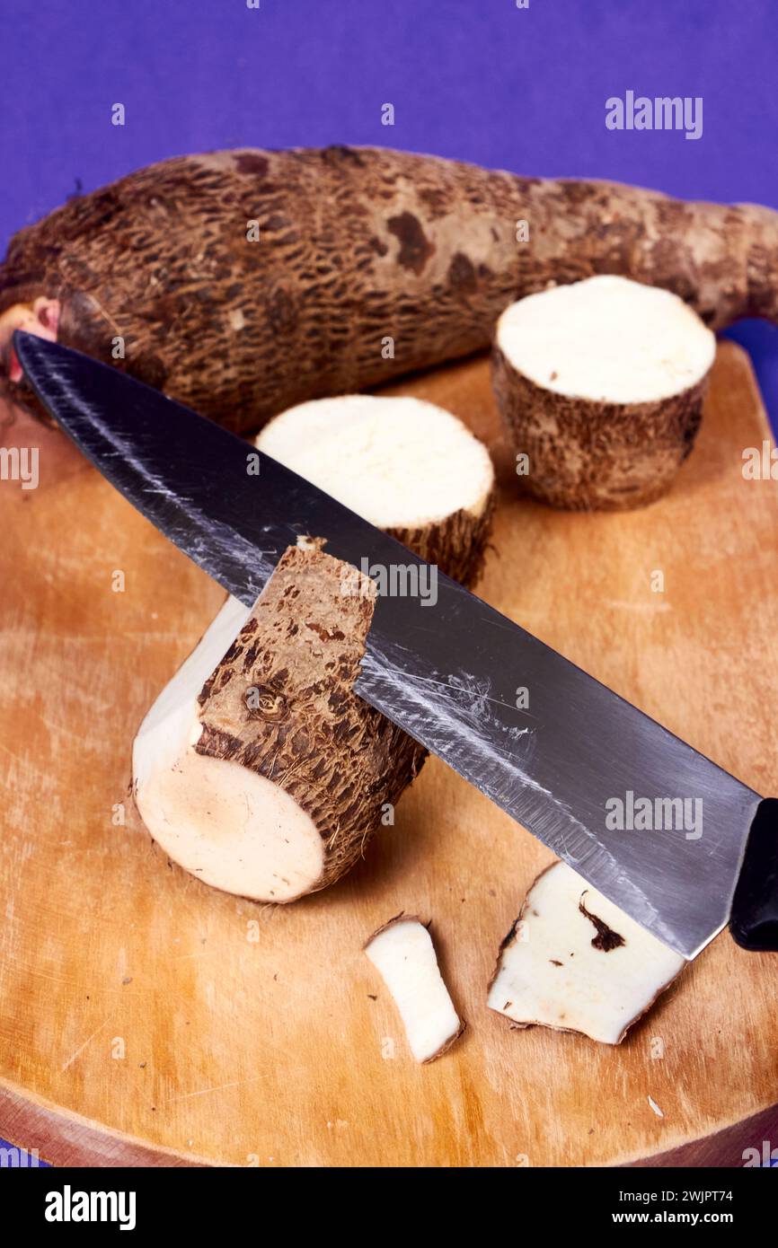 closeup of taro root vegetable, eddo malanga, hands table slice Stock ...