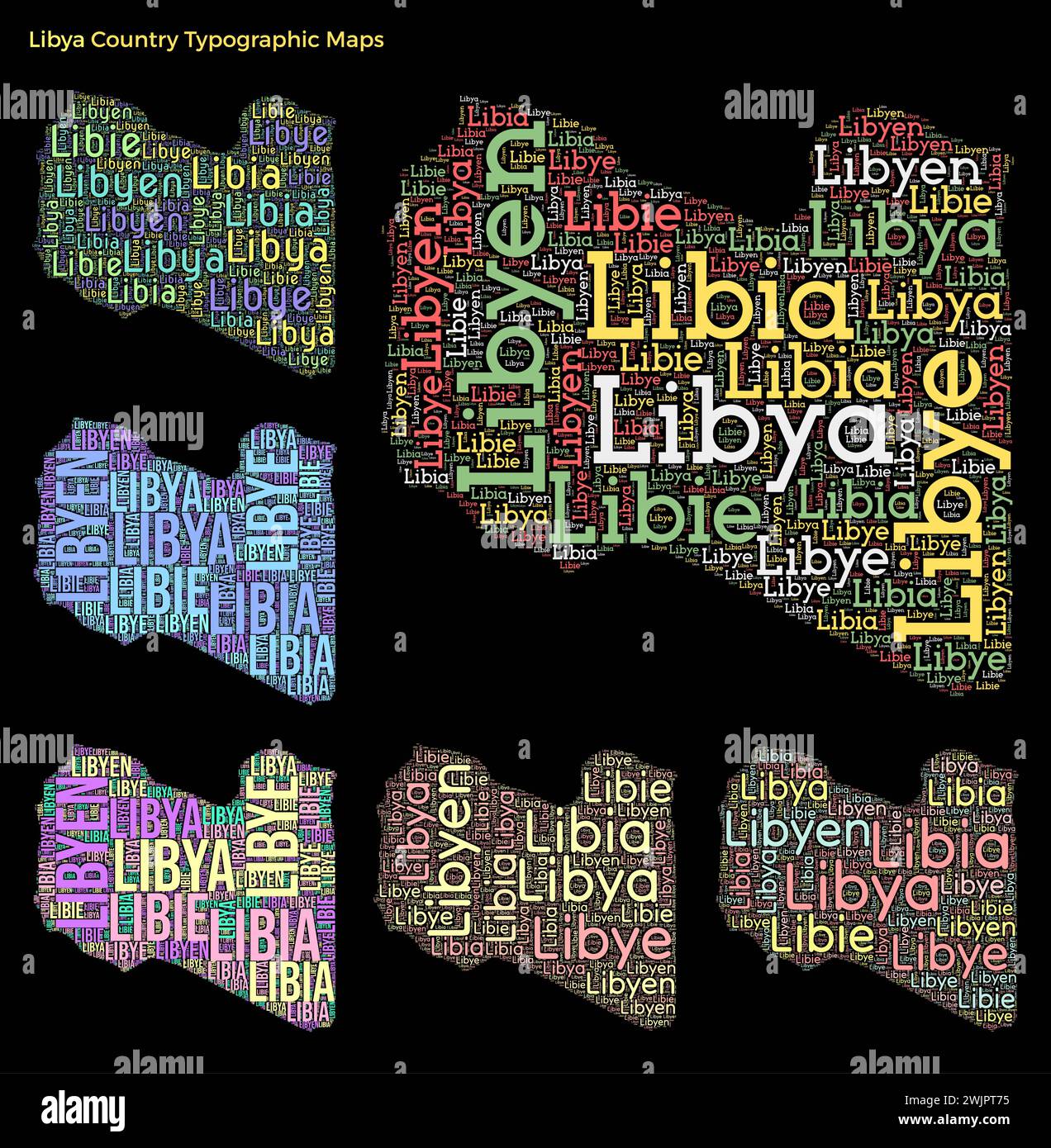 Libya. Set of typography style country illustrations. Libya map shape ...