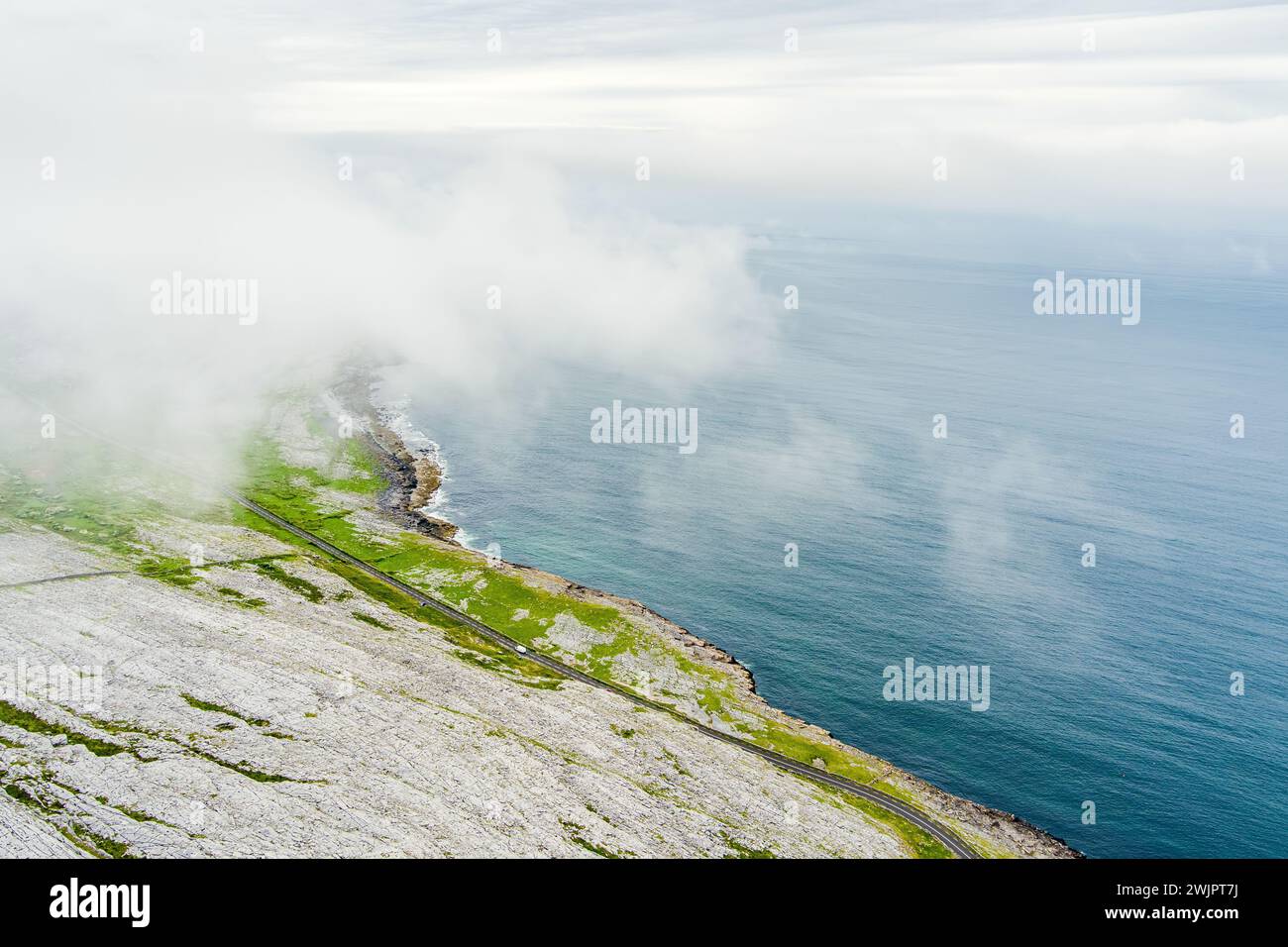 Spectacular misty aerial landscape in the Burren region of County Clare ...