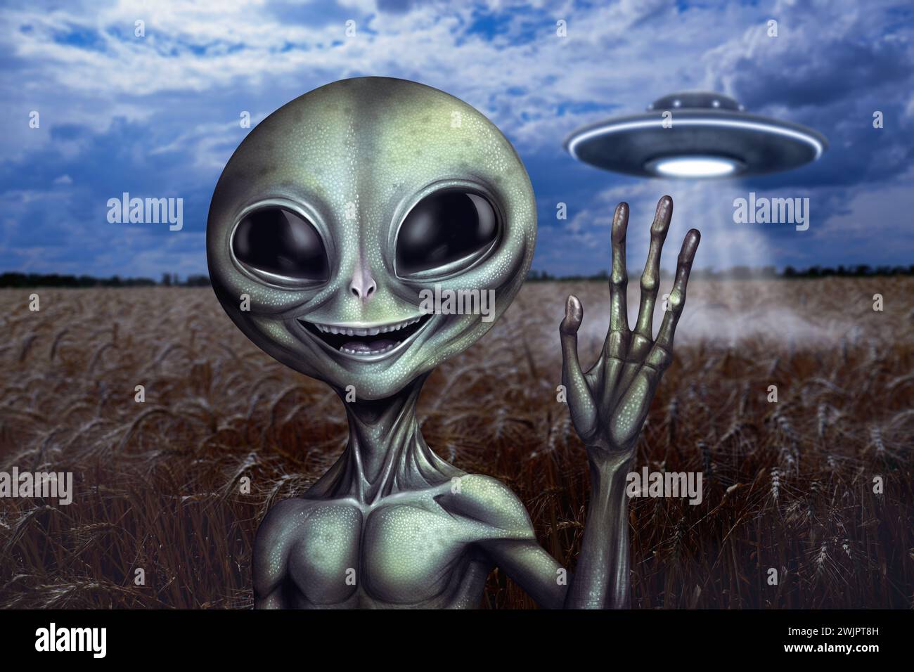 Flying saucer behind alien emitting light over wheat field. UFO Stock ...