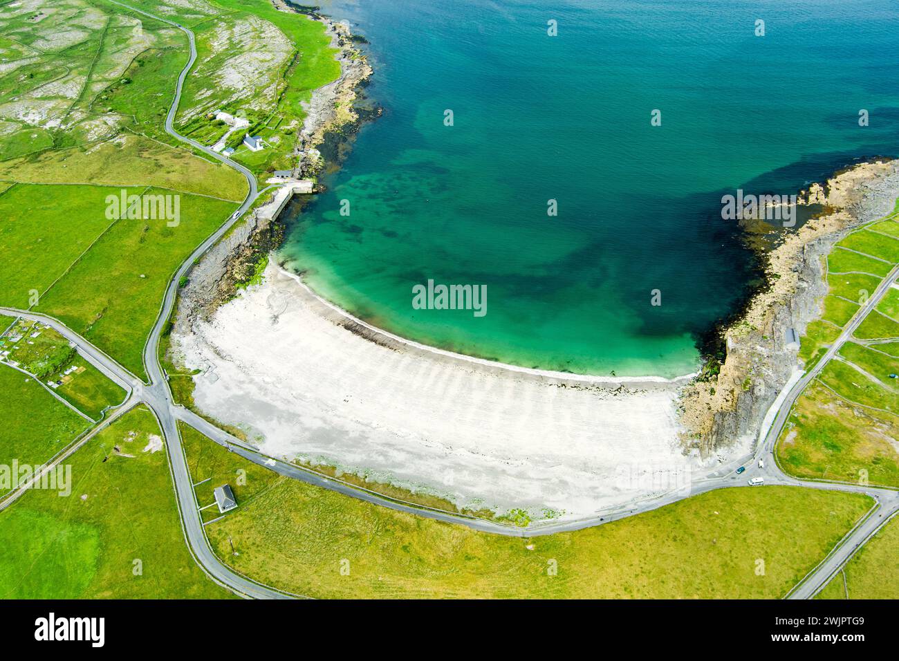 Aerial view of the wide sandy Kilmurvey Beach on Inishmore, the largest ...