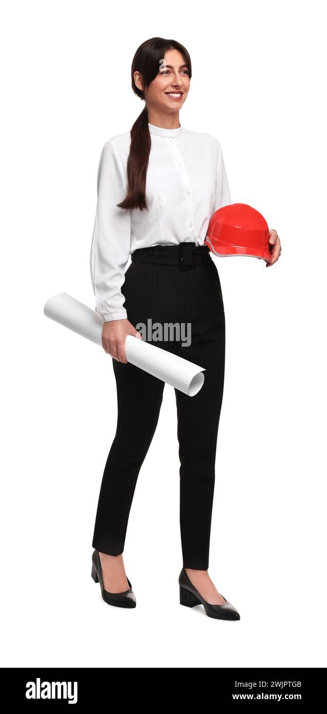 Architect with hard hat and draft on white background Stock Photo - Alamy