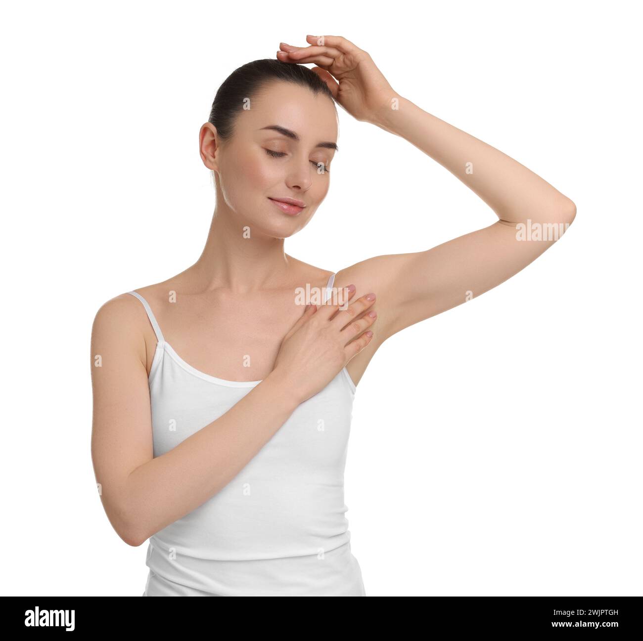 Beautiful woman showing armpit with smooth clean skin on white ...