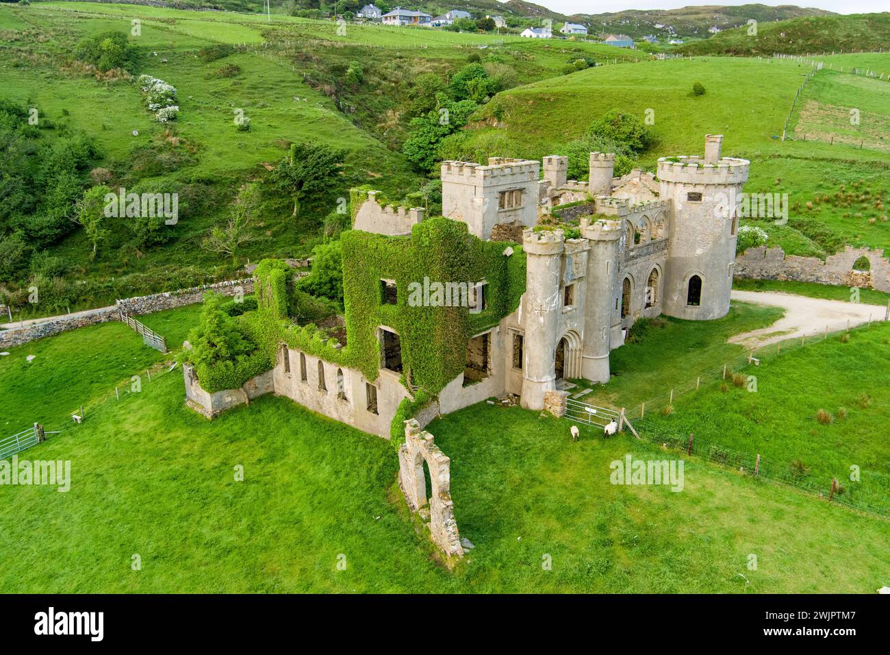 Aerial view of Clifden Castle, ruined manor house, standing on famous ...