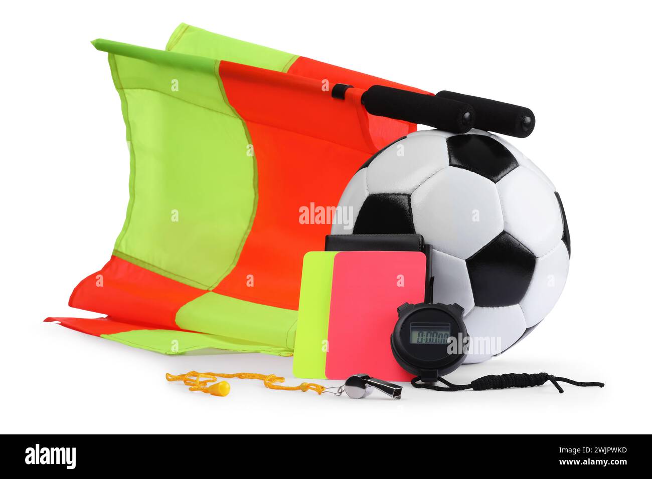 Football referee equipment. Soccer ball, flags, stopwatch, cards and ...