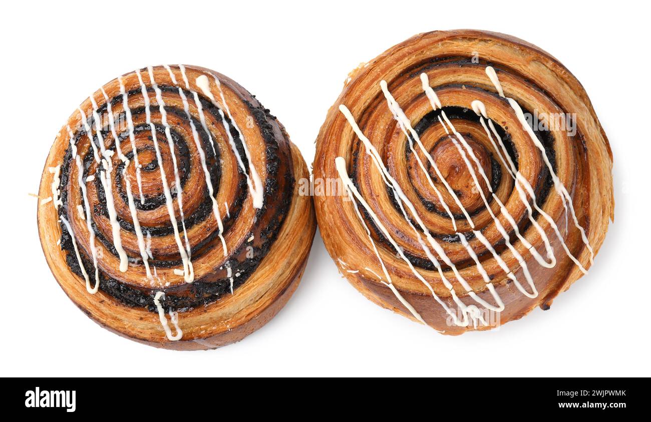 Delicious rolls with topping and poppy seeds isolated on white, top ...