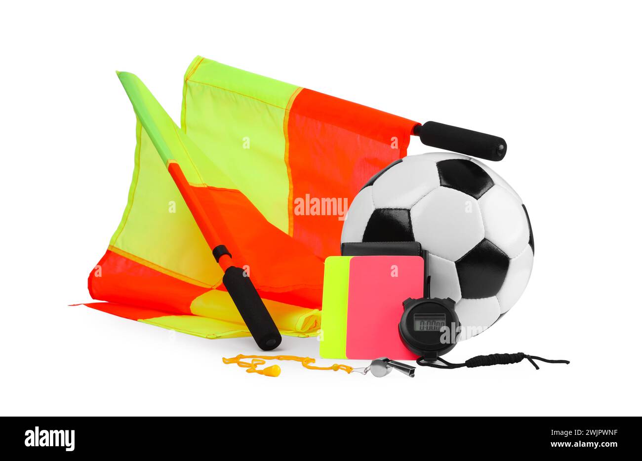 Football referee equipment. Soccer ball, flags, stopwatch, cards and ...