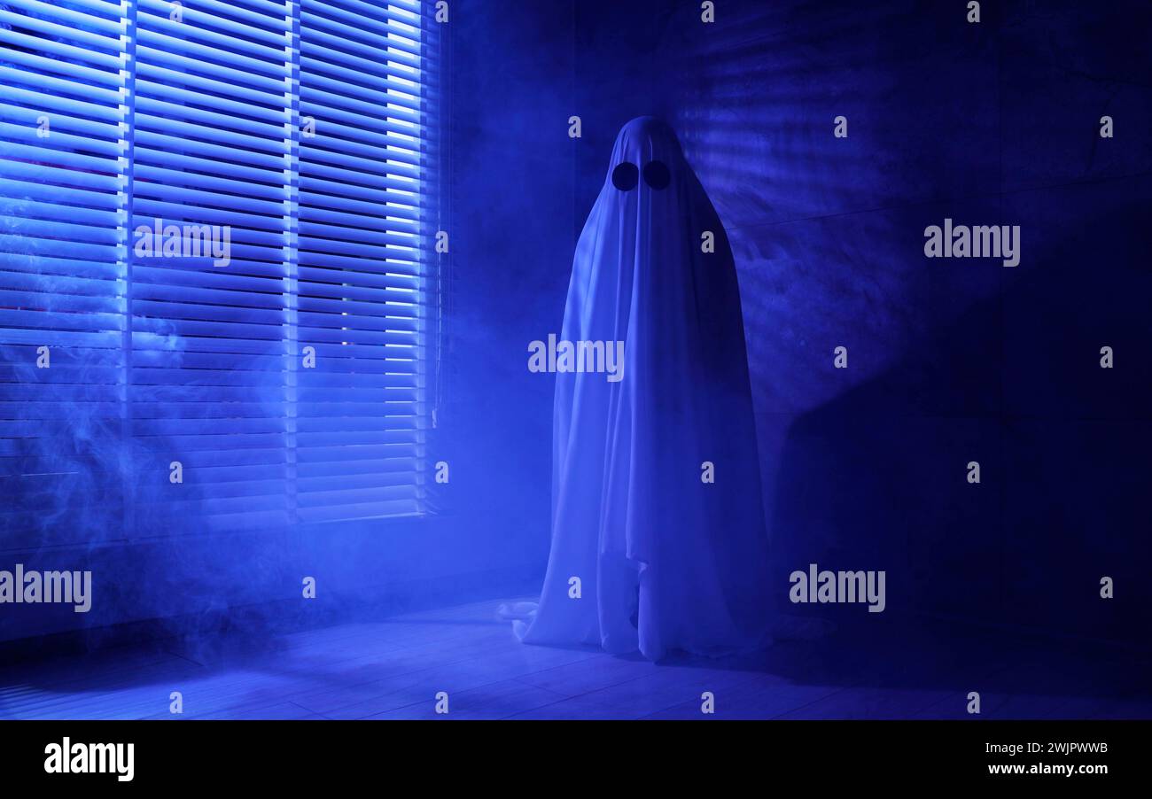 Creepy ghost. Woman covered with sheet near window in blue light Stock ...