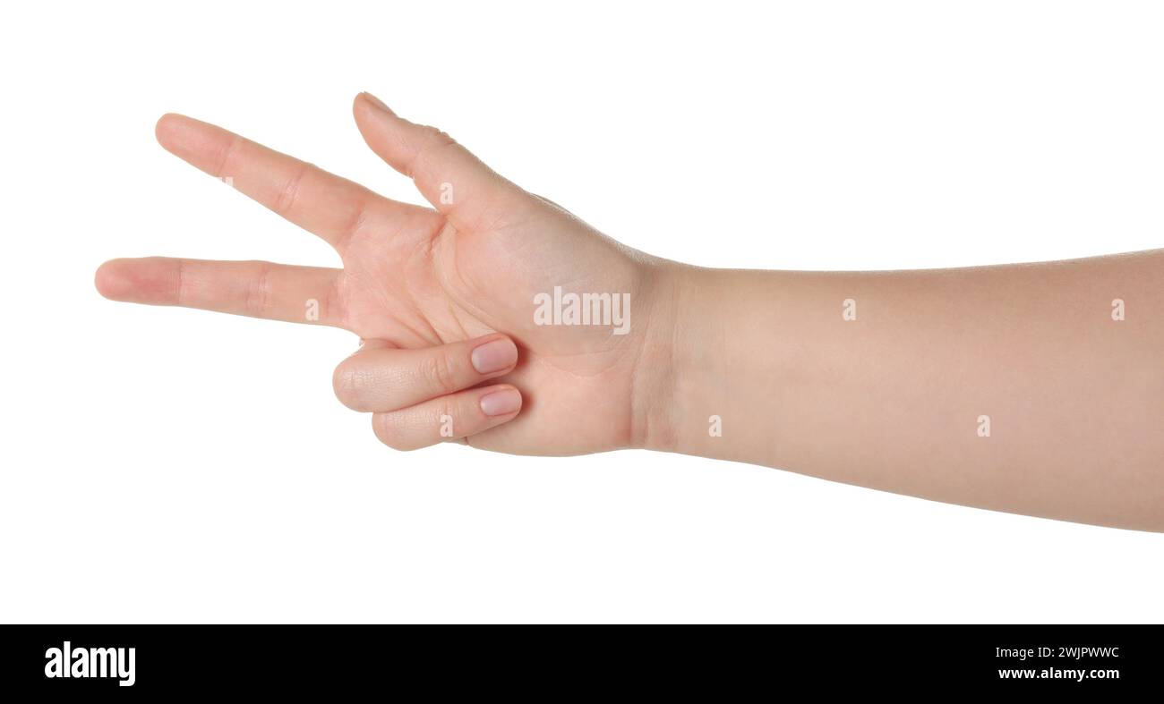 Playing rock, paper and scissors. Woman making scissors with her ...