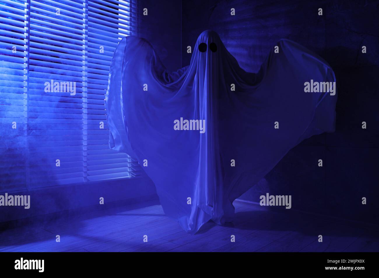 Creepy ghost. Woman covered with sheet near window in blue light Stock ...