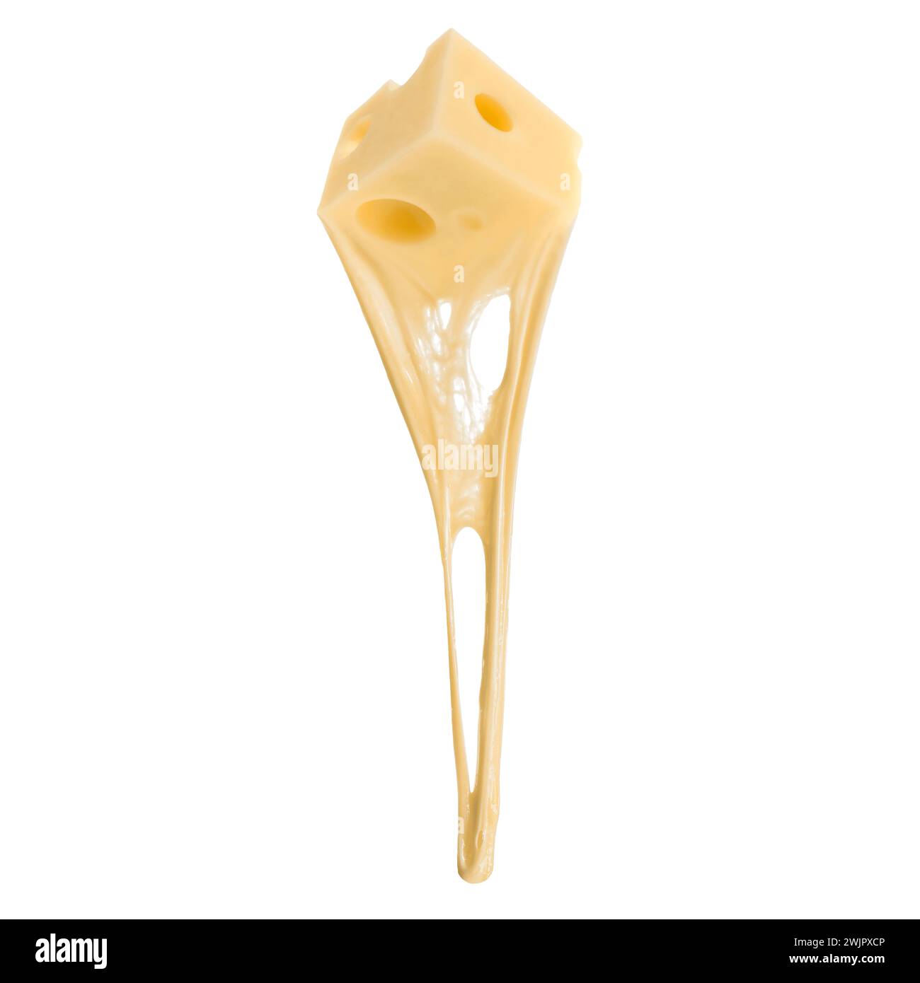 Tasty cheese stretching in air on white background Stock Photo - Alamy