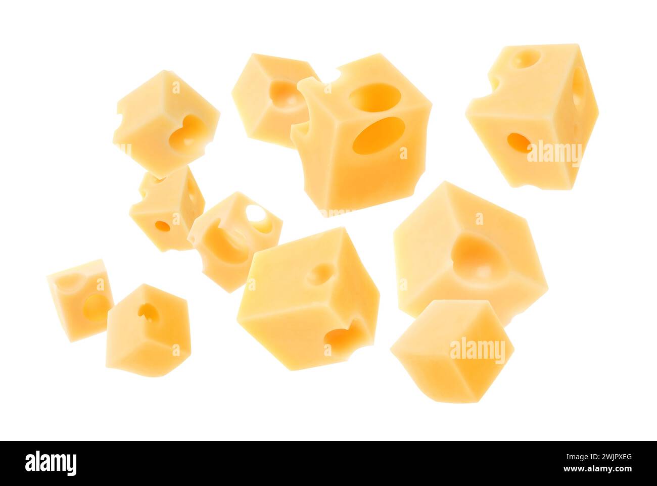 Pieces of cheese flying on white background Stock Photo - Alamy
