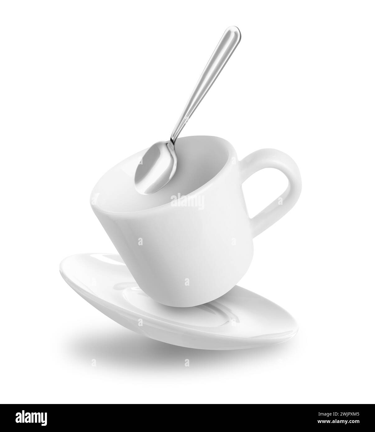 Spoon, cup and saucer falling on white background Stock Photo - Alamy
