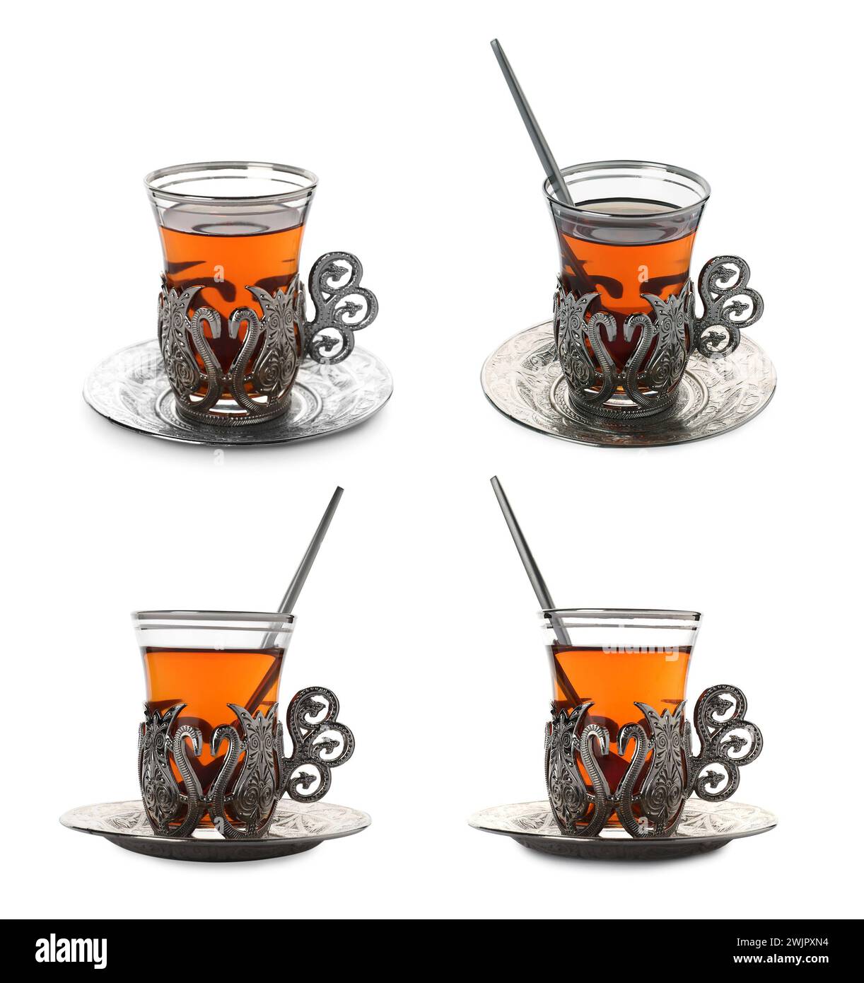 Glasses of traditional Turkish tea in vintage holders isolated on white ...