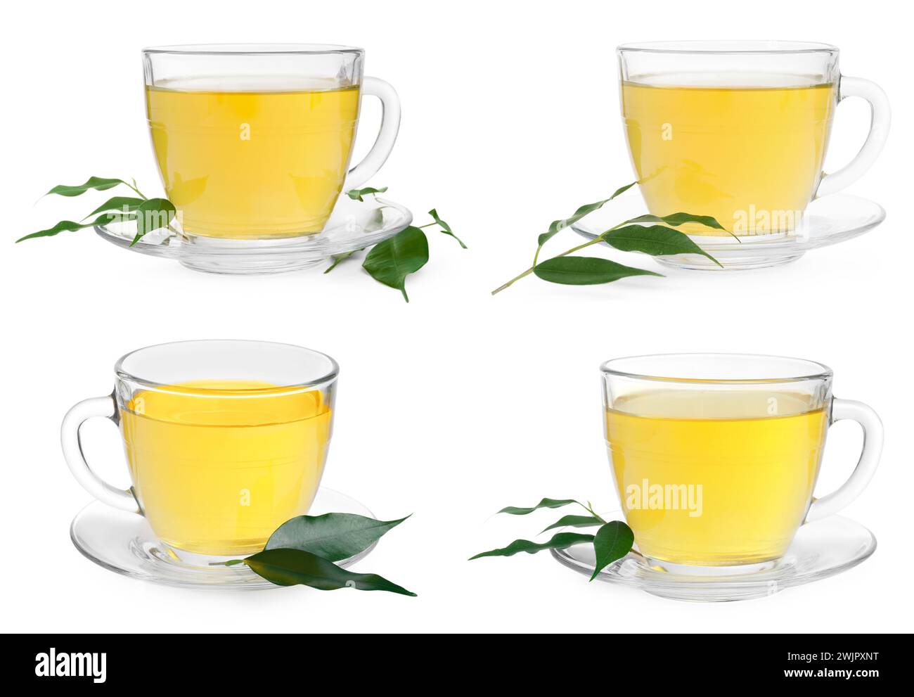 Green tea in glass cups and leaves isolated on white, set Stock Photo ...