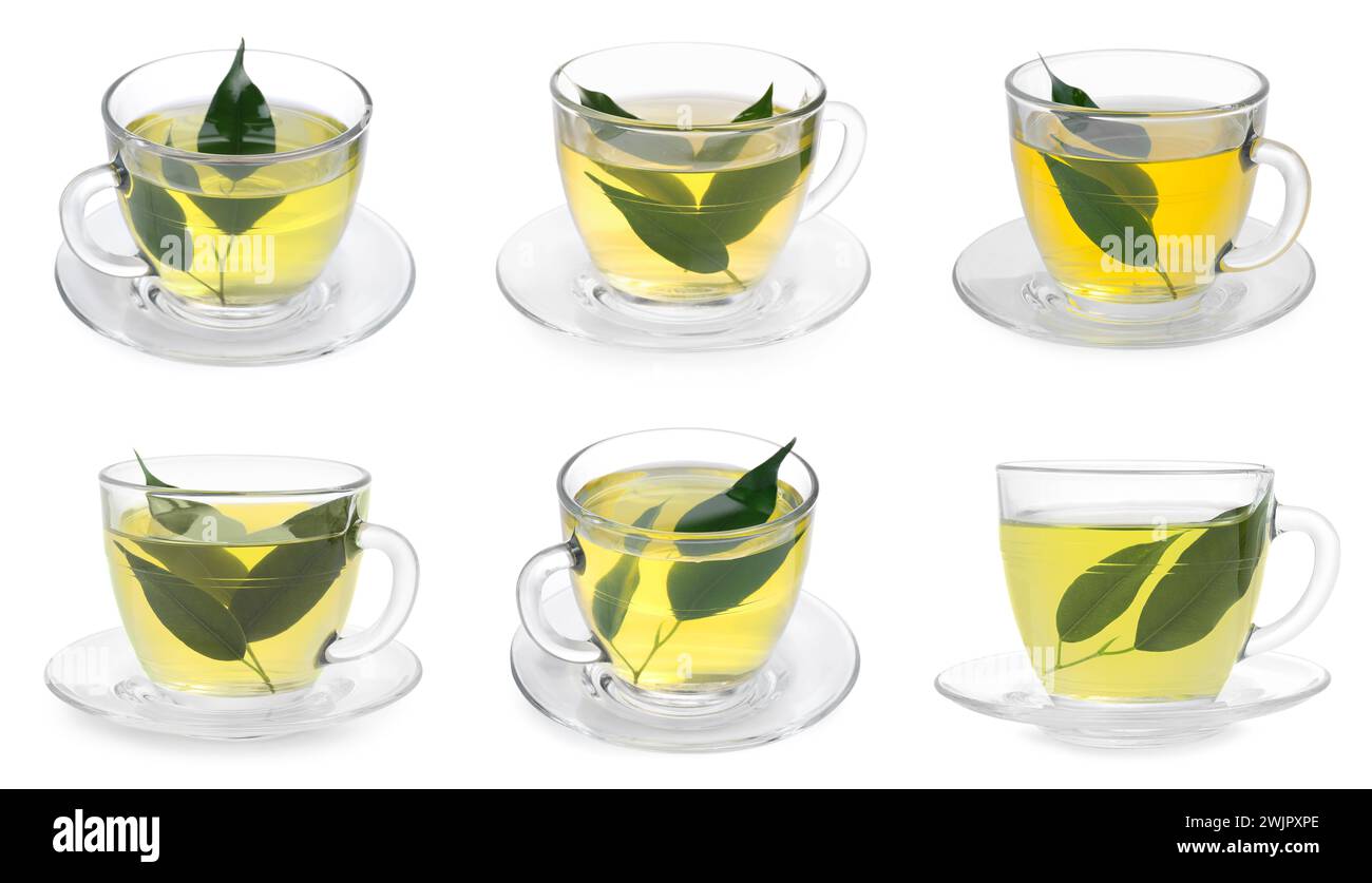Green tea in glass cups and leaves isolated on white, set Stock Photo ...