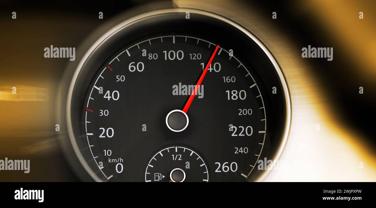 Speedometer on car dashboard, closeup. Motion blur effect. Banner ...