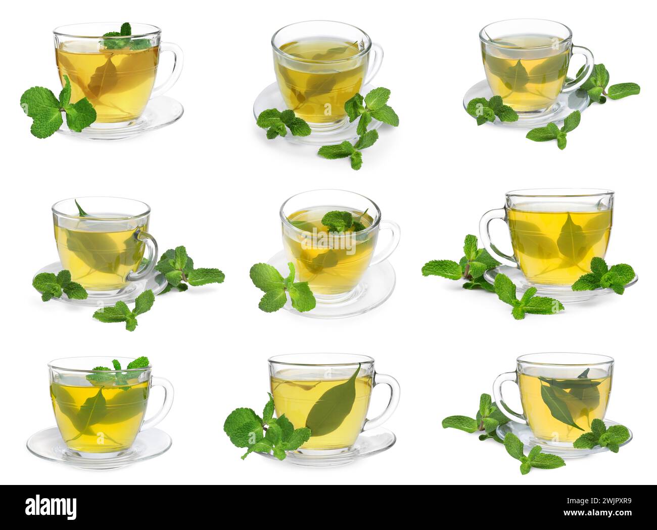 Green tea in glass cups and leaves isolated on white, set Stock Photo ...
