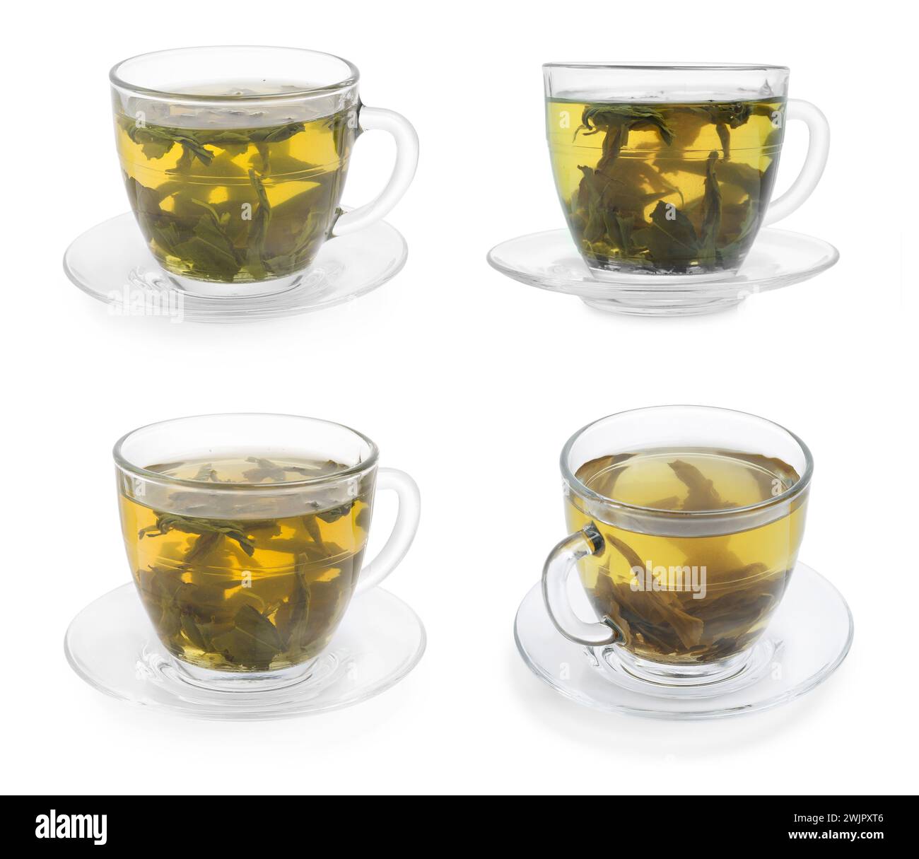 Green tea in glass cups and leaves isolated on white, set Stock Photo ...
