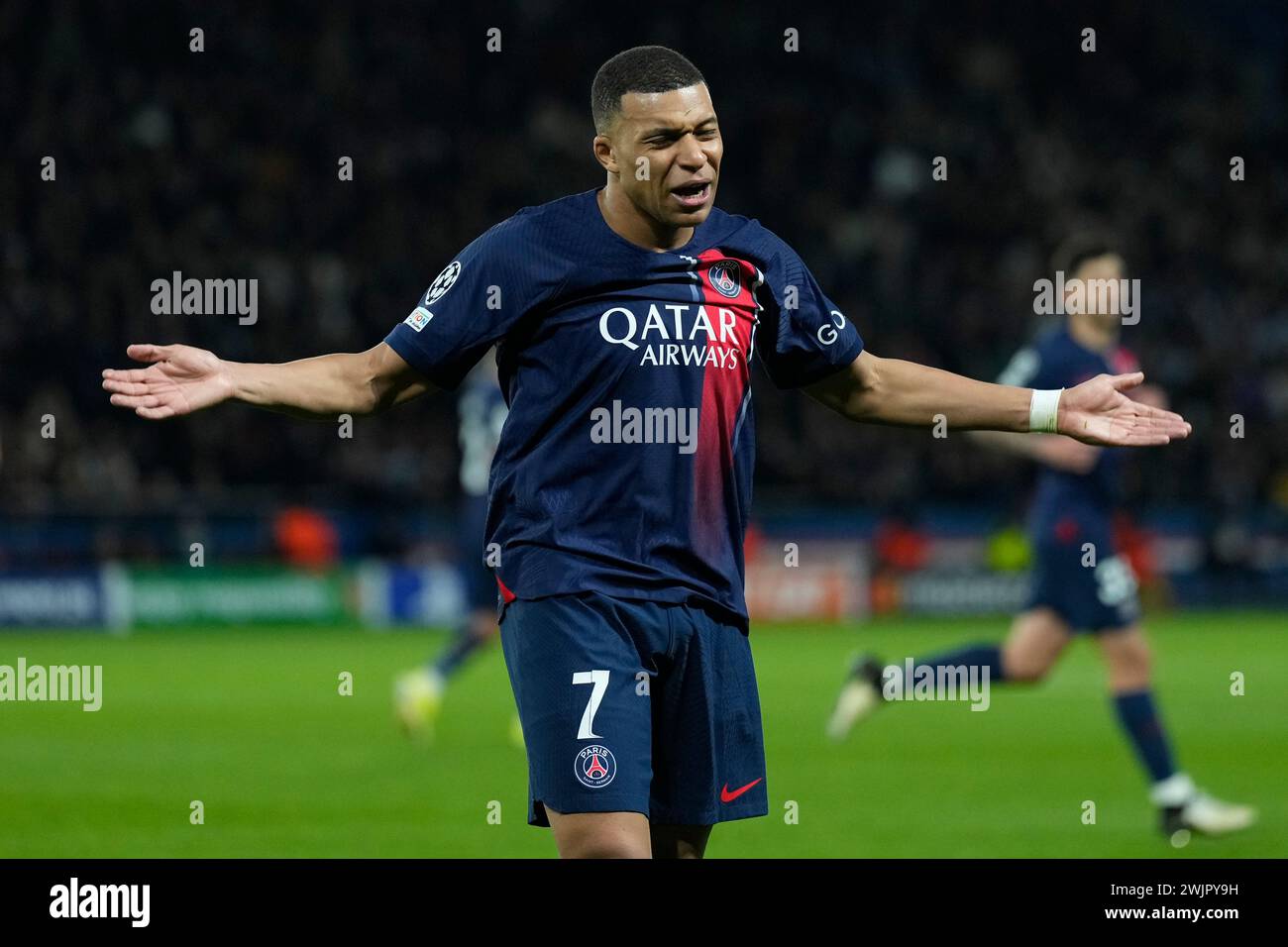 PARIS, FRANCE - FEBRUARY 14: Kylian Mbappe (7) (PSG) reacts after a ...