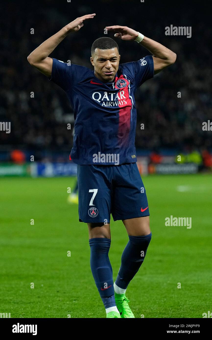 PARIS, FRANCE - FEBRUARY 14: Kylian Mbappe (7) (PSG) reacts after a ...