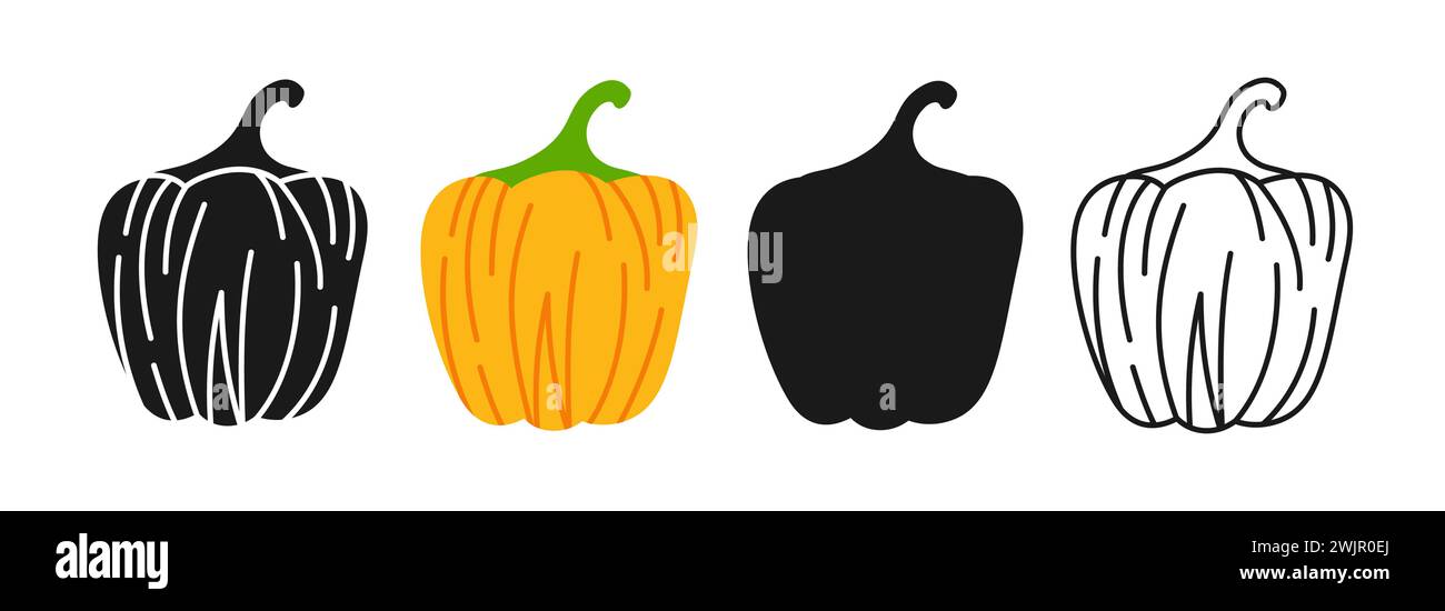 Sweet bell pepper linear icon, cartoon symbol set. Hand Drawn pepper ...