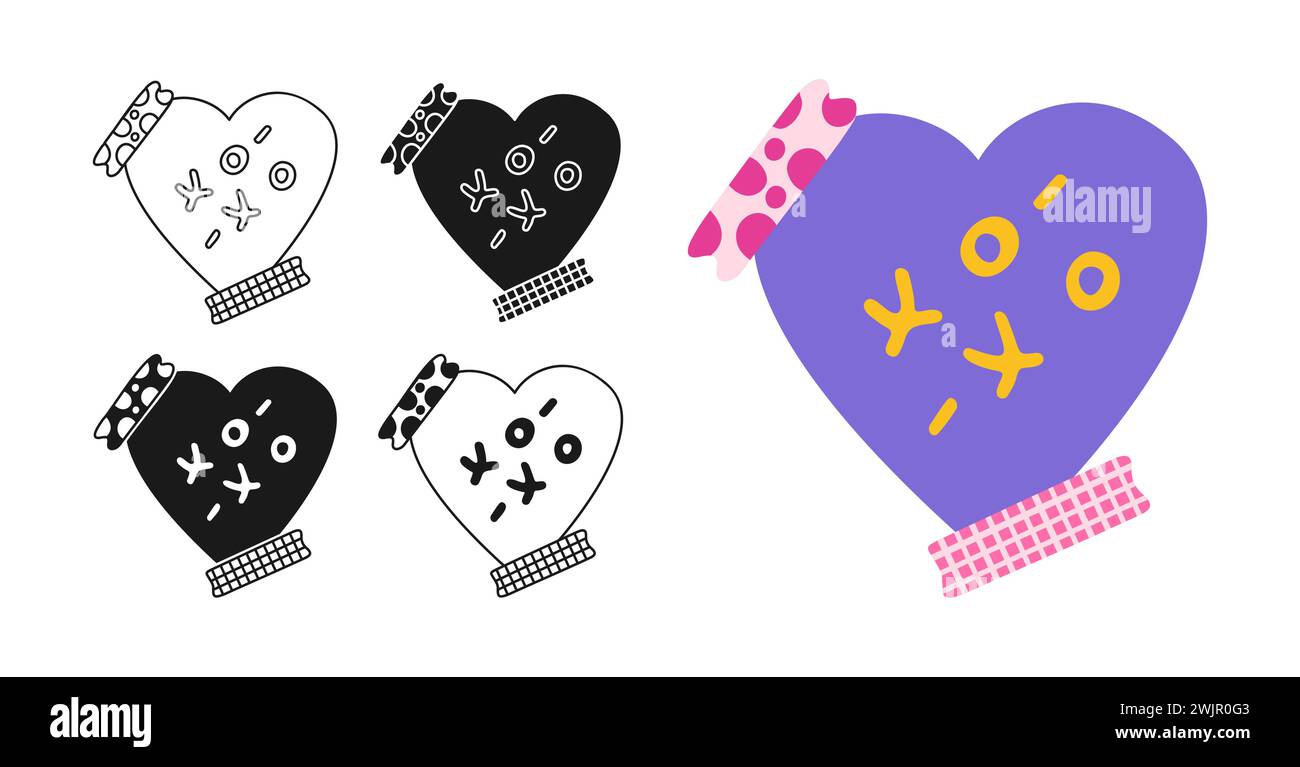 Valentines day sticker cartoon symbol and doodle, stamp stylized set ...