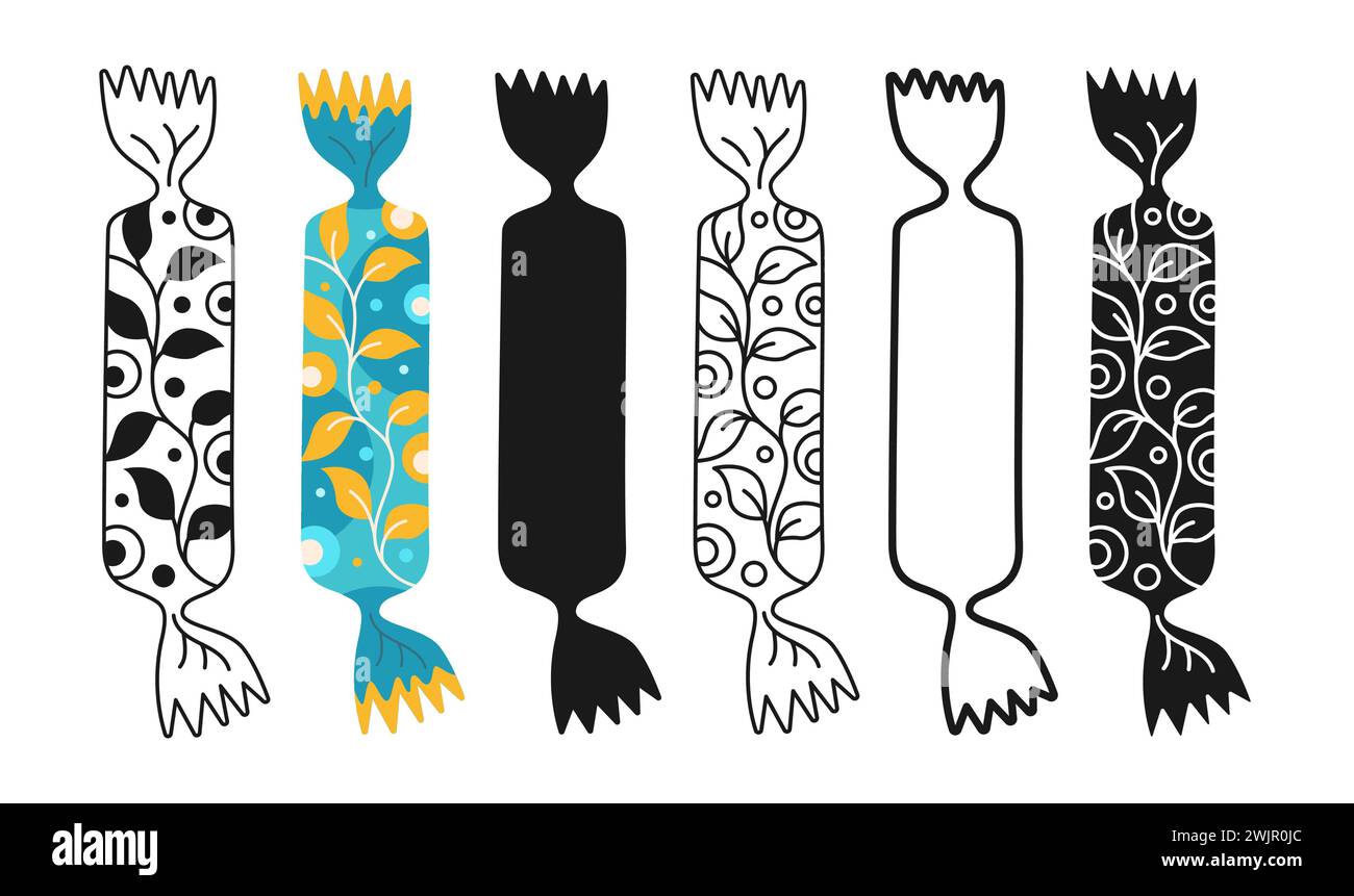 Wrapped candy with doodle ornament. Cartoon symbol bonbon, stamp ...