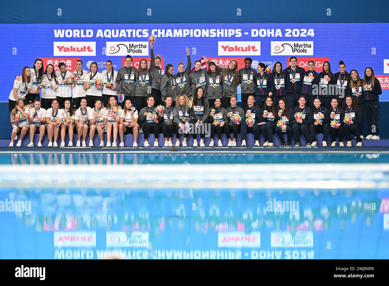 Doha, Qatar. 16th Feb, 2024. Gold medalists team USA (C), sliver medalists team Hungary (L) and ...