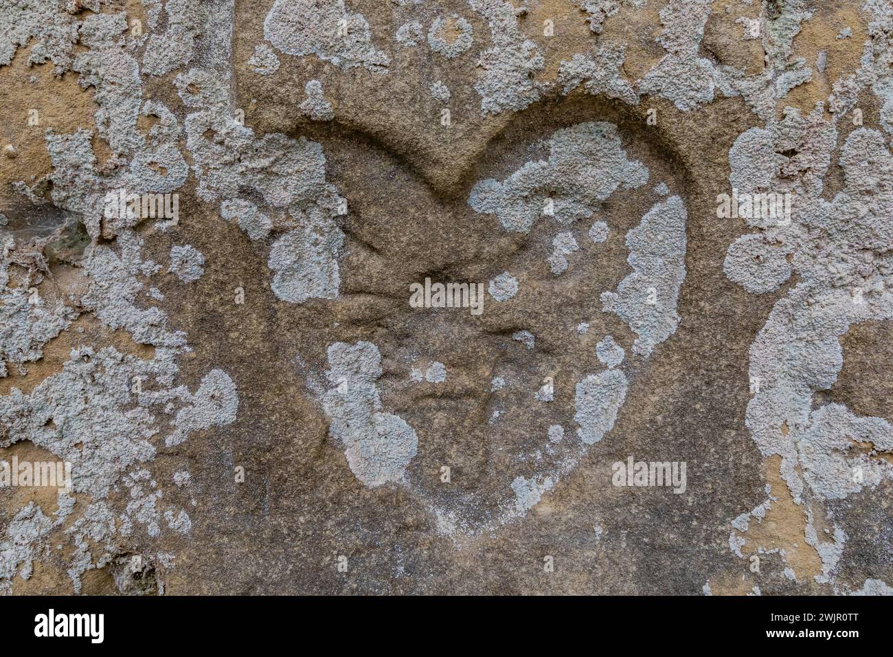 Heart carved in sandstone, with lichens on it, from long ago in Ledges ...
