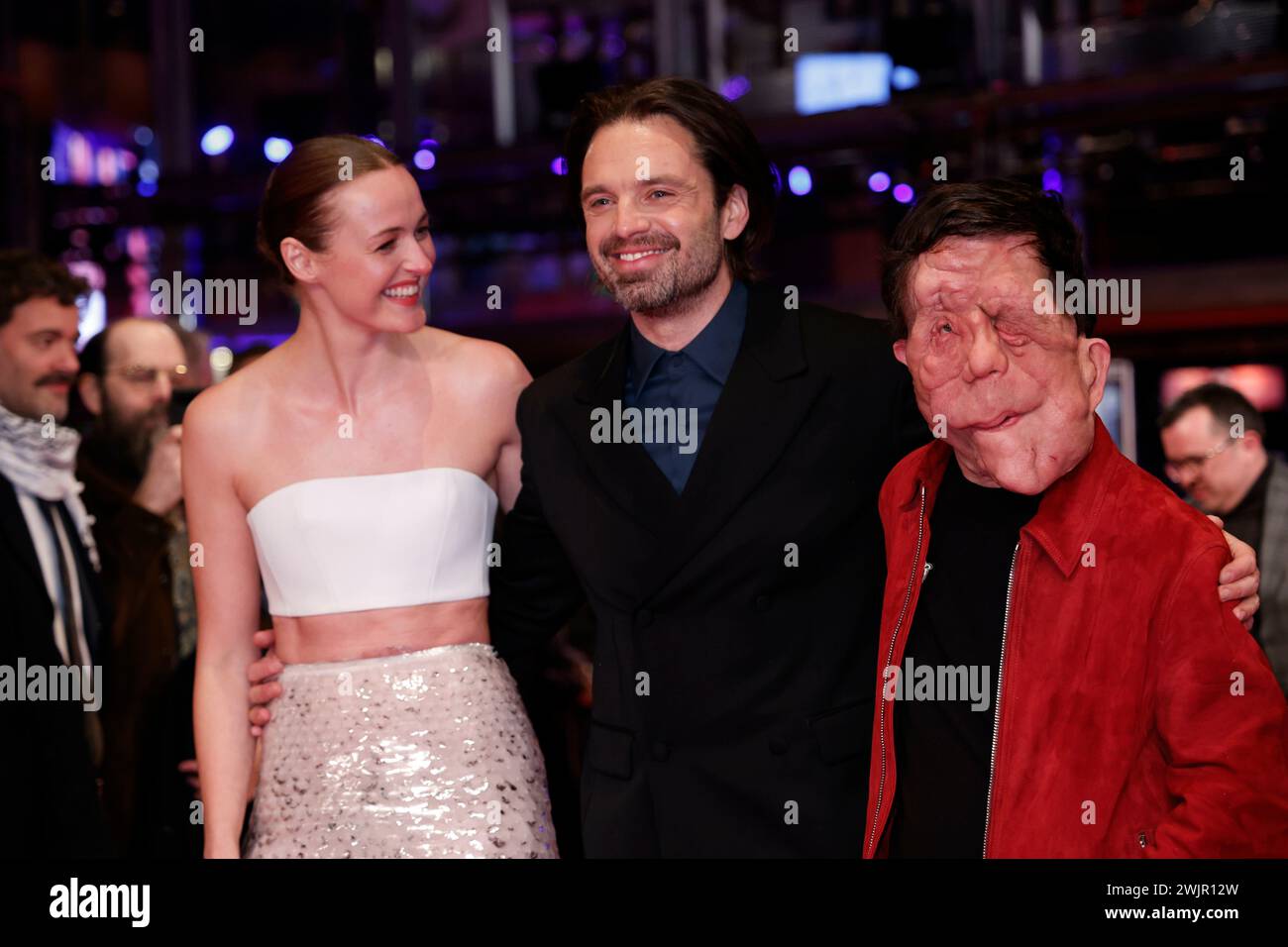 Renate Reinsve, Sebastian Stan and Adam Pearson attend the premiere of 'A Different Man' during ...