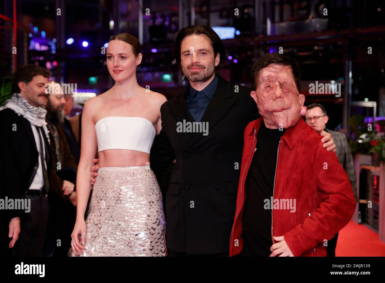 Renate Reinsve, Sebastian Stan and Adam Pearson attend the premiere of 'A Different Man' during ...