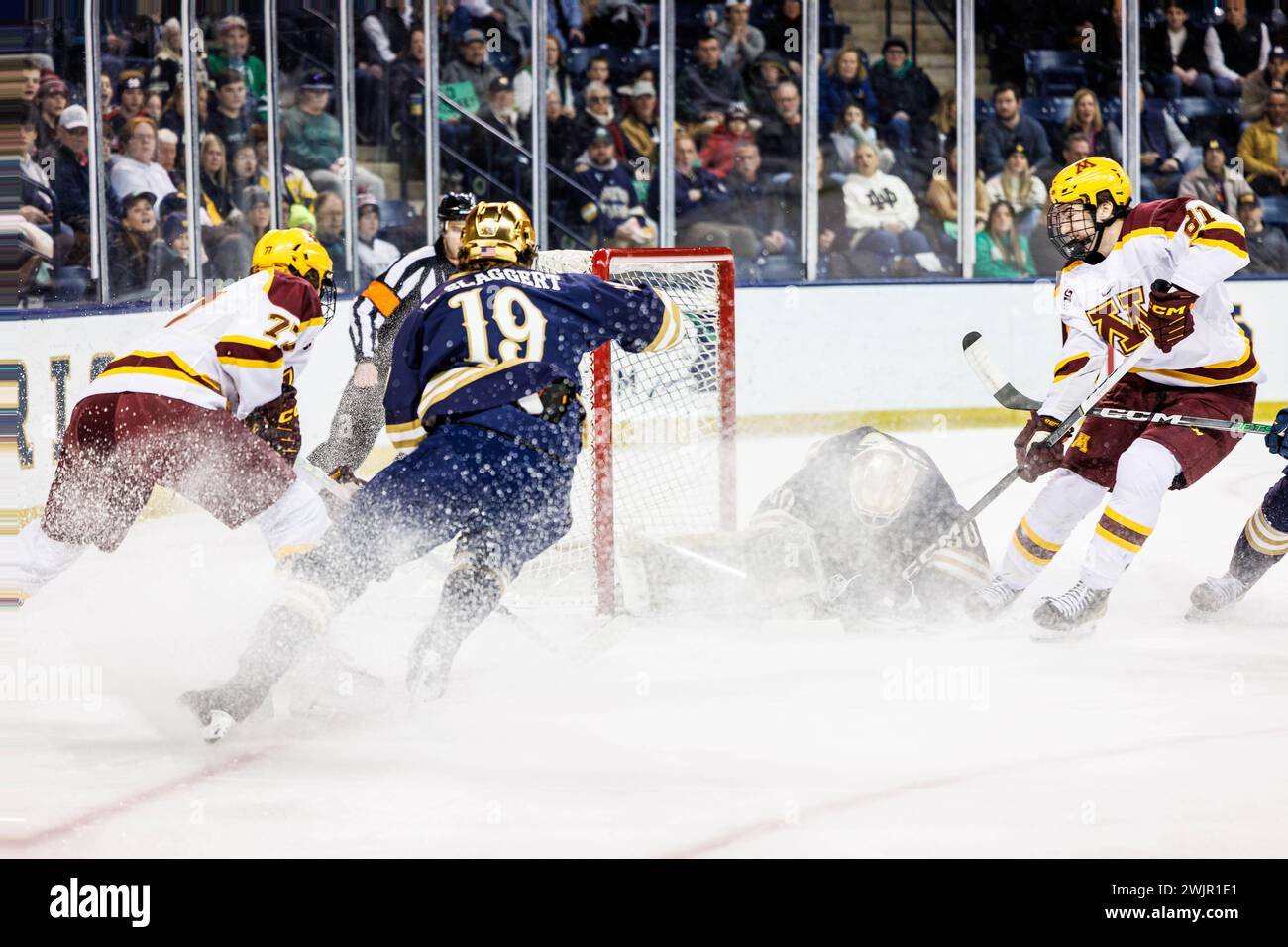 February 16, 2024: Notre Dame goaltender Ryan Bischel (30) makes the ...