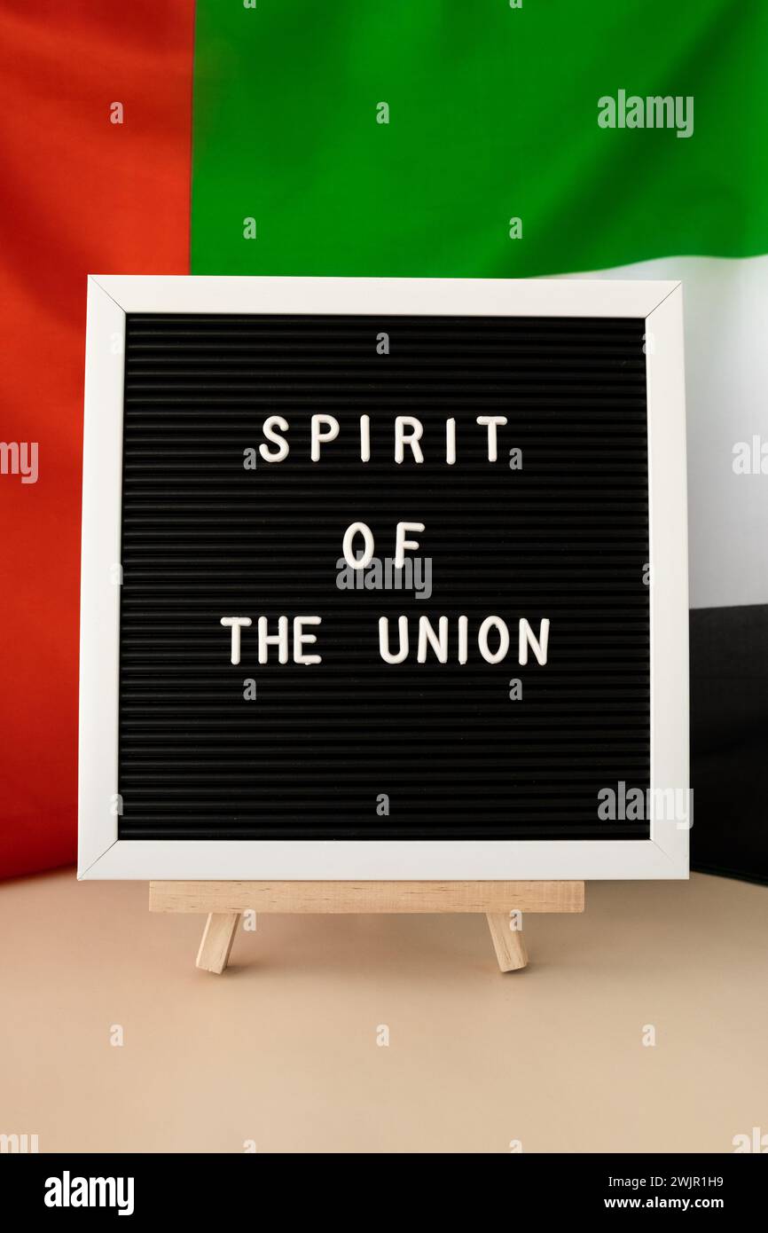 SPIRIT OF THE UNION text frame on United Arab Emirates waving flag made ...