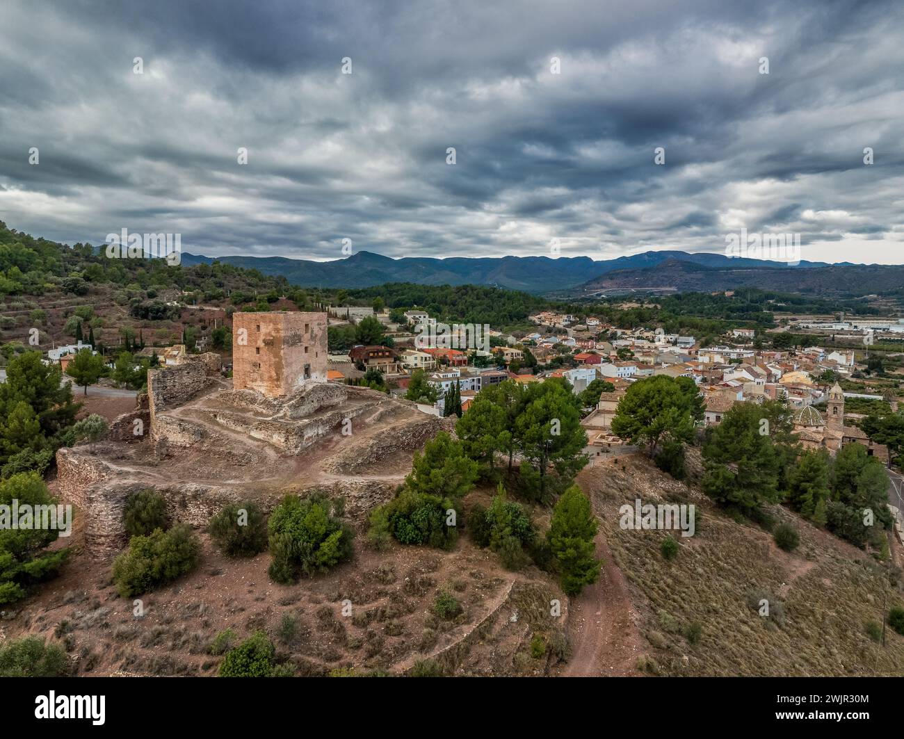 Aerial view of Torres Torres medieval castle ruin with square keep and ...