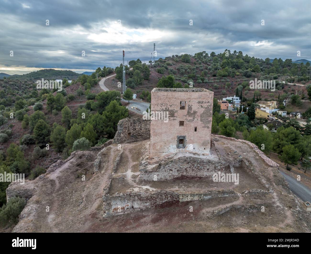 Aerial view of Torres Torres medieval castle ruin with square keep and ...