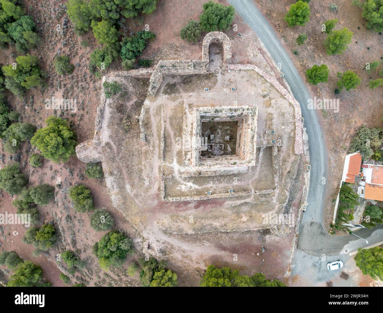 Aerial view of Torres Torres medieval castle ruin with square keep and ...