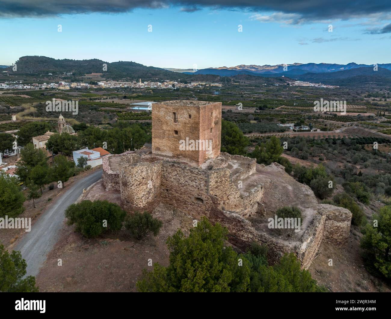 Aerial view of Torres Torres medieval castle ruin with square keep and ...