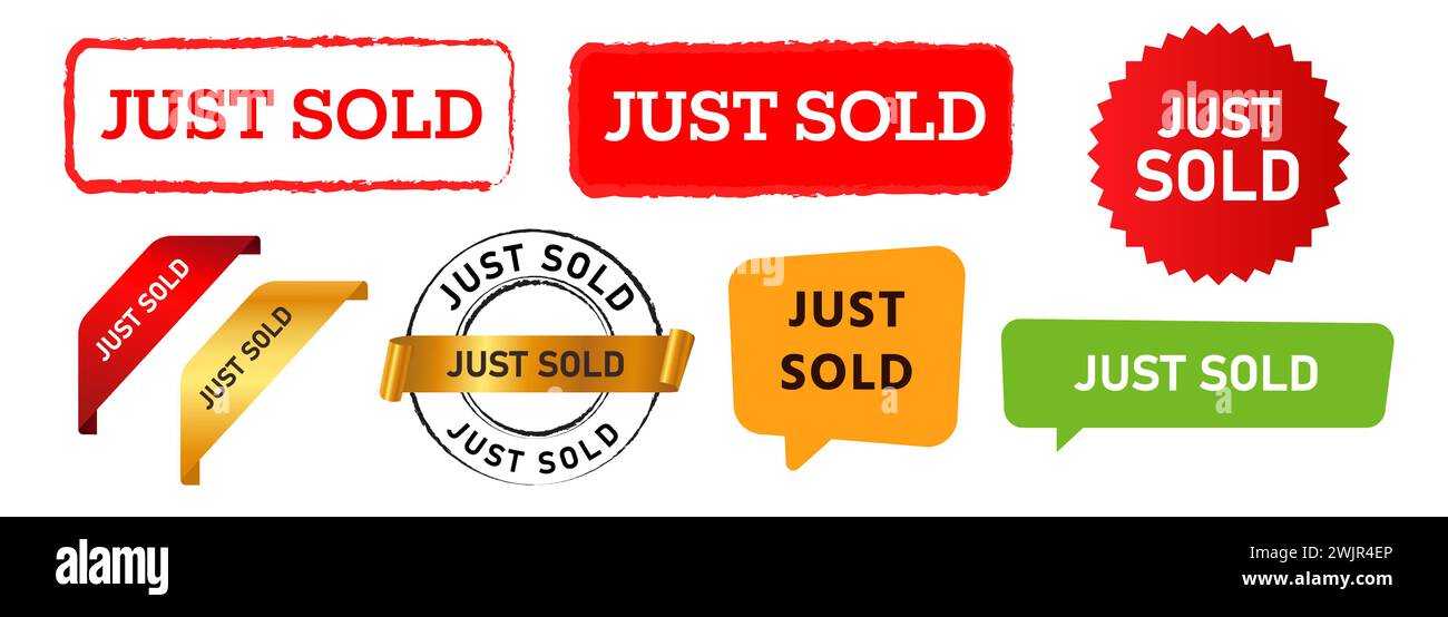 just sold rubber stamp speech bubble label sticker sign gold red ribbon corner set collection ...