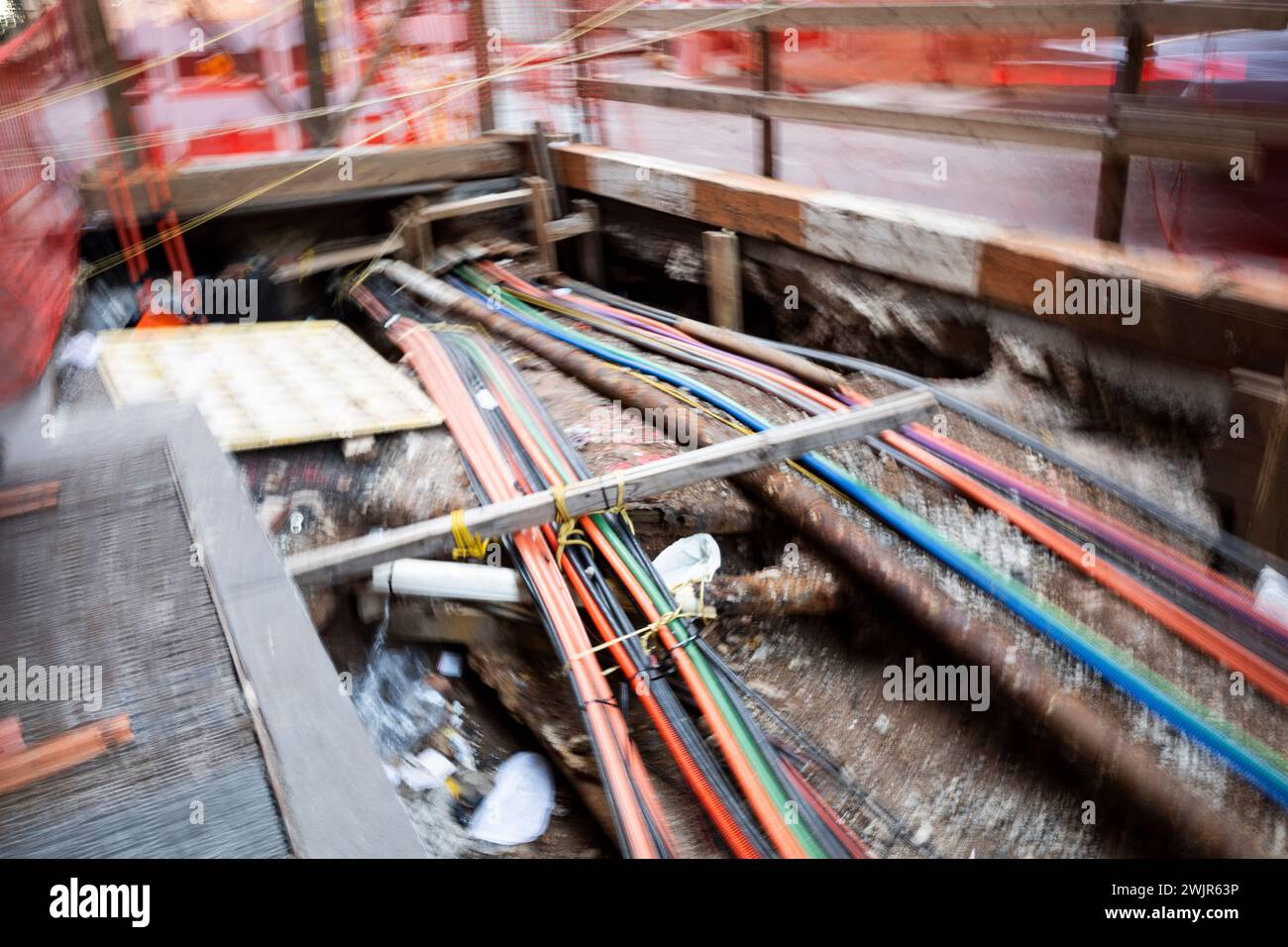 New York, New York, USA. 16th Feb, 2024. Utility pies, wires and cables ...