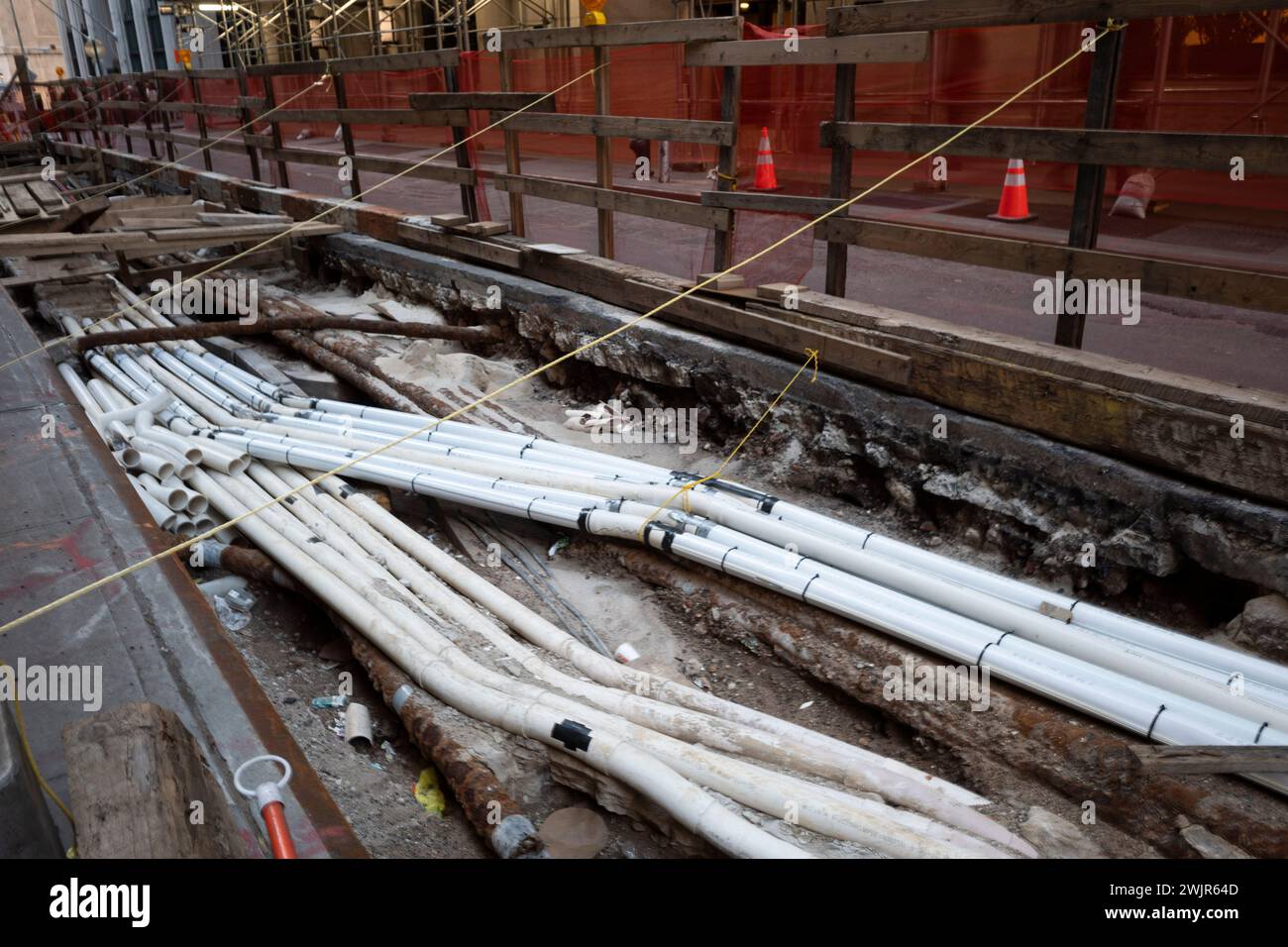 New York, New York, USA. 16th Feb, 2024. Utility pies, wires and cables ...