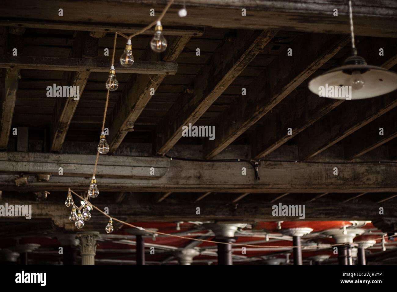 Ceiling old industrial electrical warehouse with light bulbs, lamps and ...