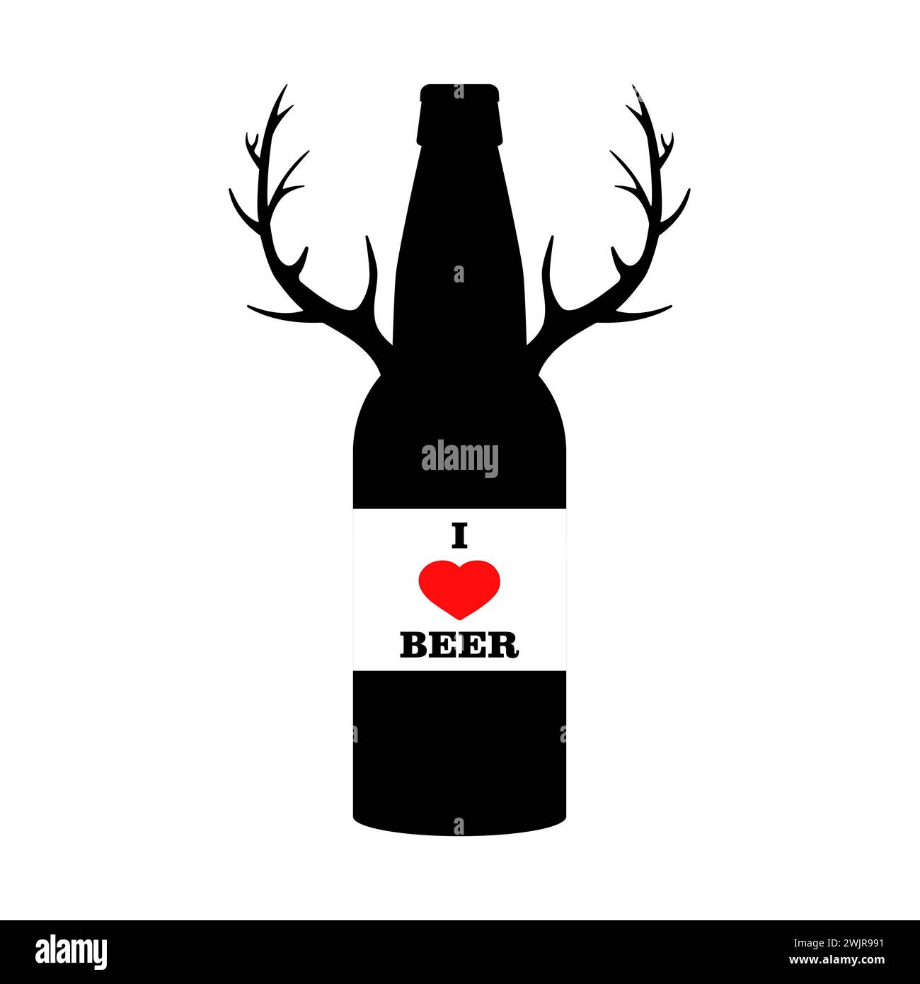 Beer bottle with red heart and deer horns. Black silhouette Stock ...
