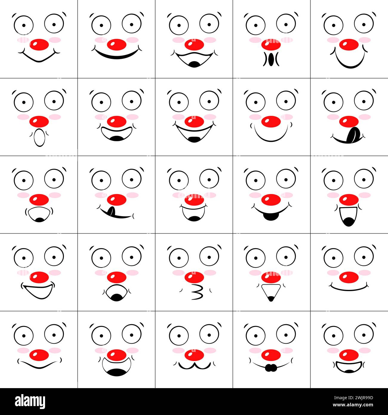 Set of faces of clowns with smiles, laughter and red noses. Collection ...
