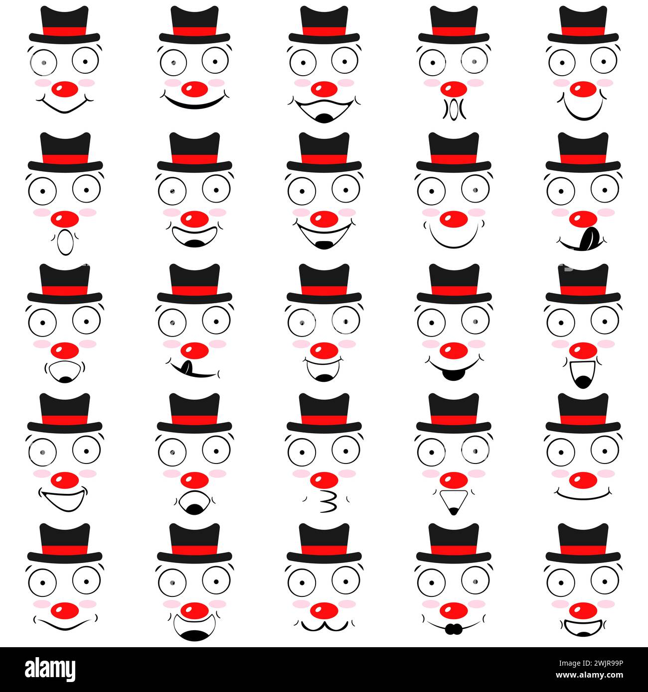 Set of faces of clowns with smiles, laughter, red noses and hats ...