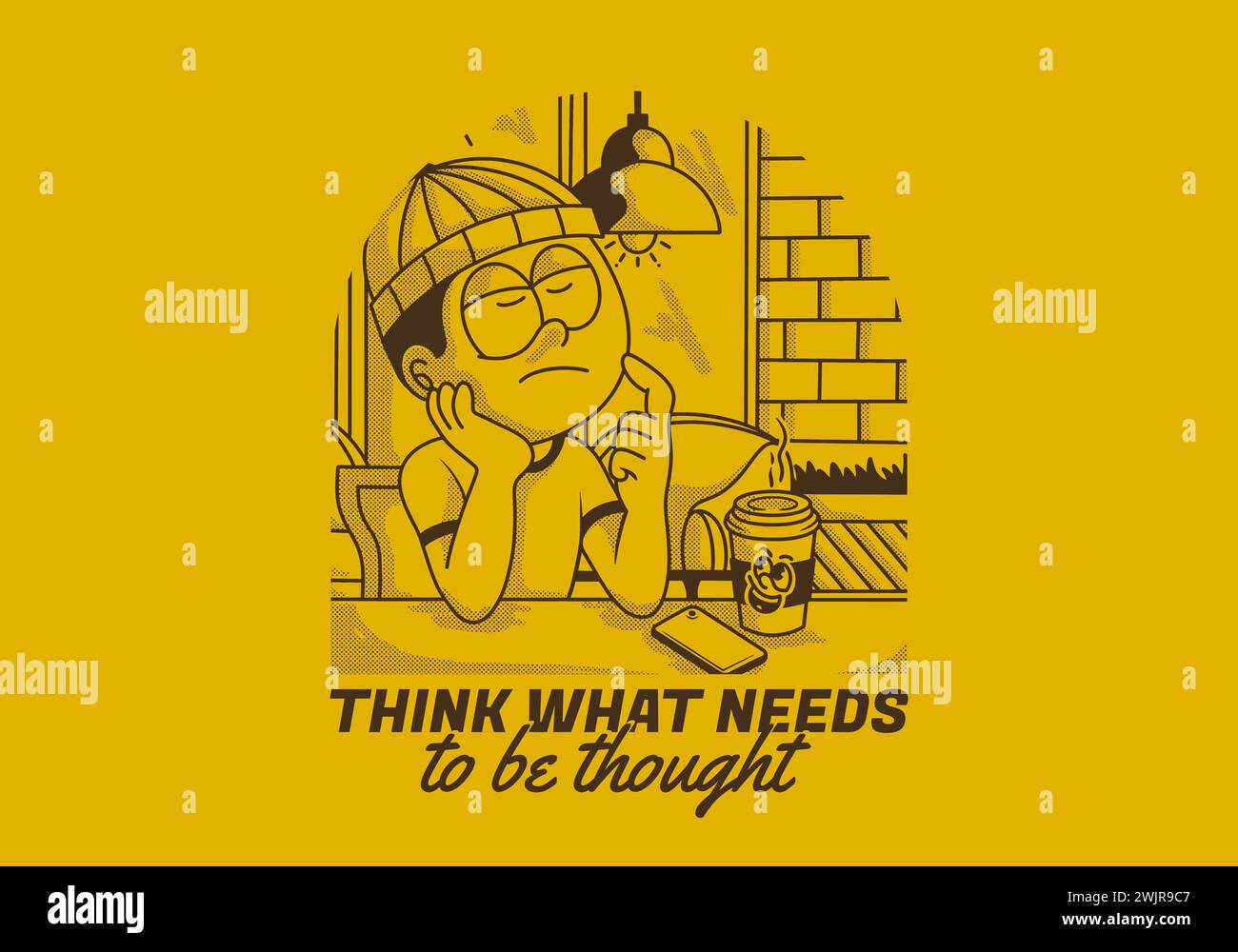 Think what needs to be thought. Vintage illustration of a boy in cafe ...