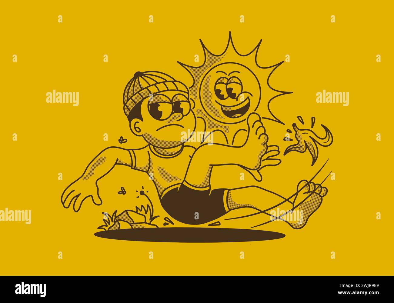 Vintage illustration of a beanie boy falling on a banana peel Stock ...