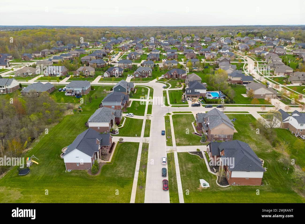 Aerial top down view of houses in a neighborhood, Michigan, Drone shot ...