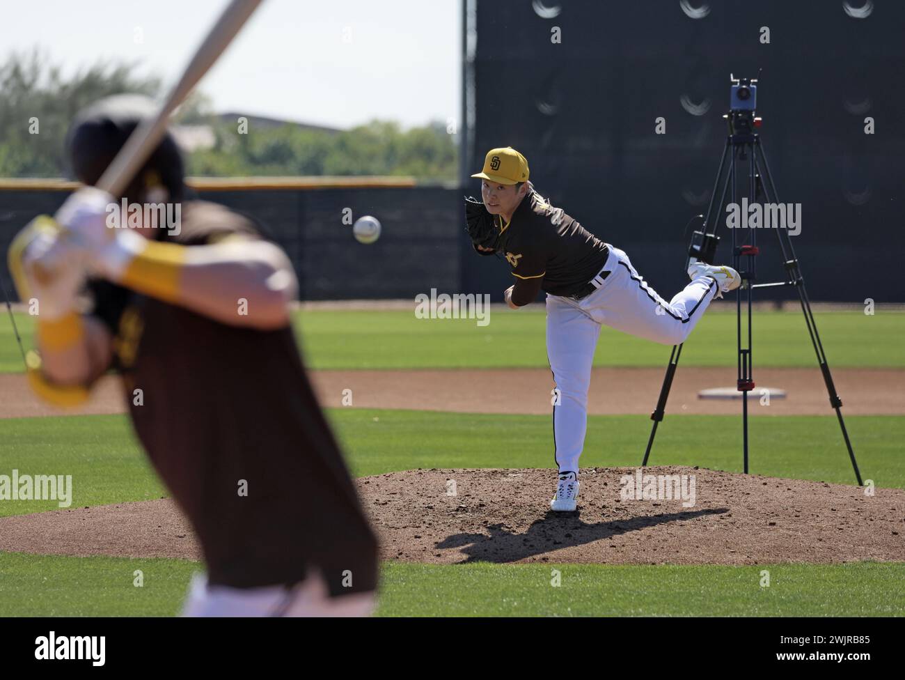 Yuki Matsui of the San Diego Padres throws a live batting practice ...