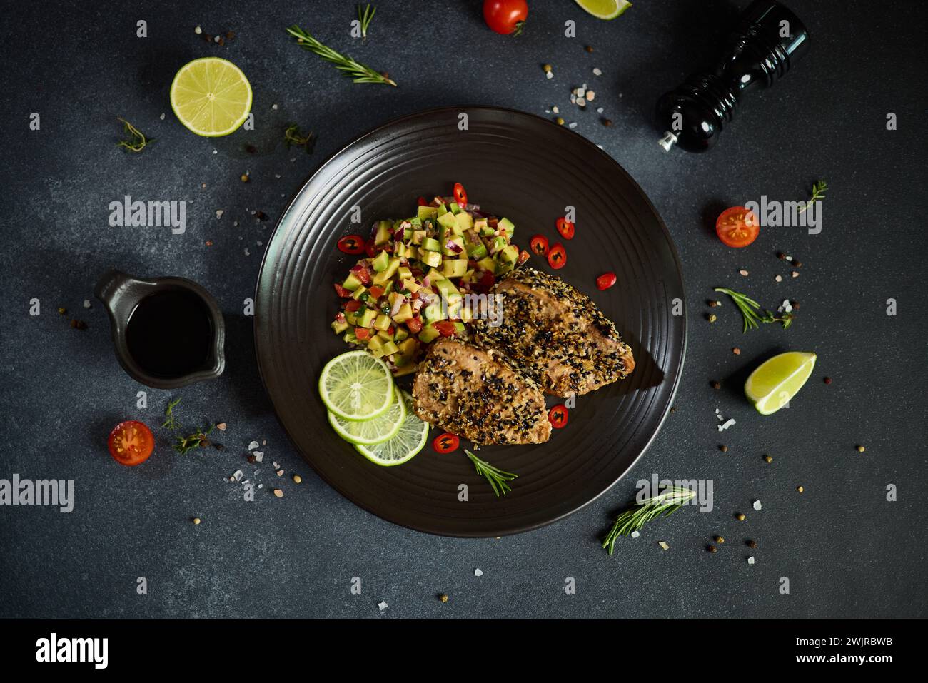 pieces of Organic grilled Tuna fillet covered with sesame seeds and ...